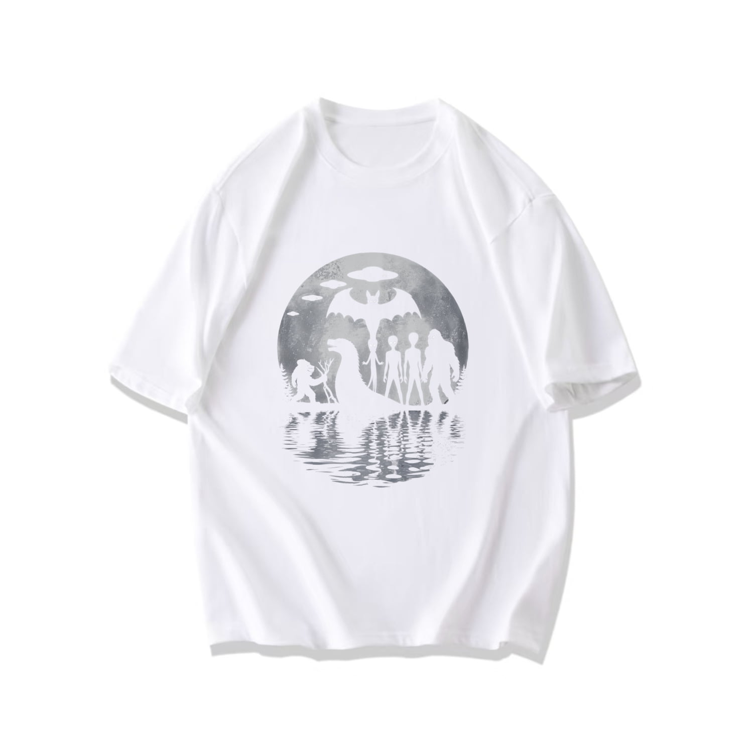 Black T-Shirt With Monster And UFO Moon Reflection Design For Casual ...