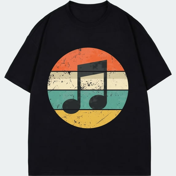 Black T Shirt With Music Note And Vintage Rainbow Circle Print For ...