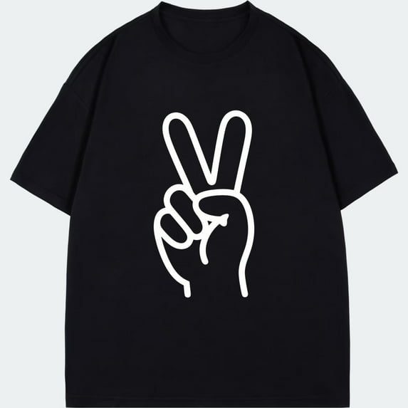 Black T Shirt With Peace Sign Hand Gesture Print For Casual Wear ...