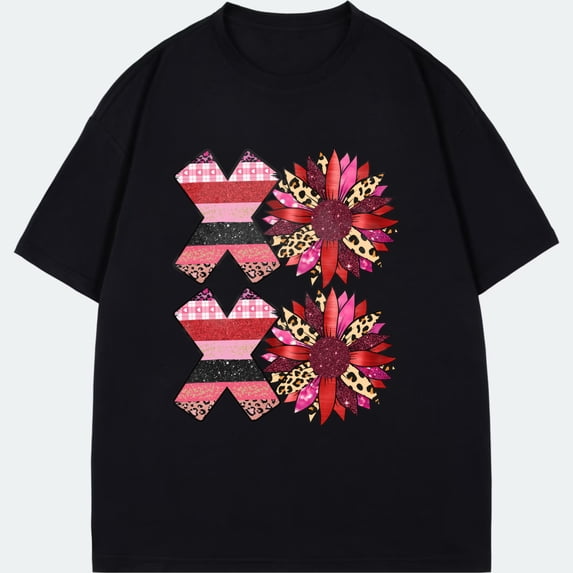 Black T Shirt With Pink And Red Leopard Print Floral Pattern For Casual ...
