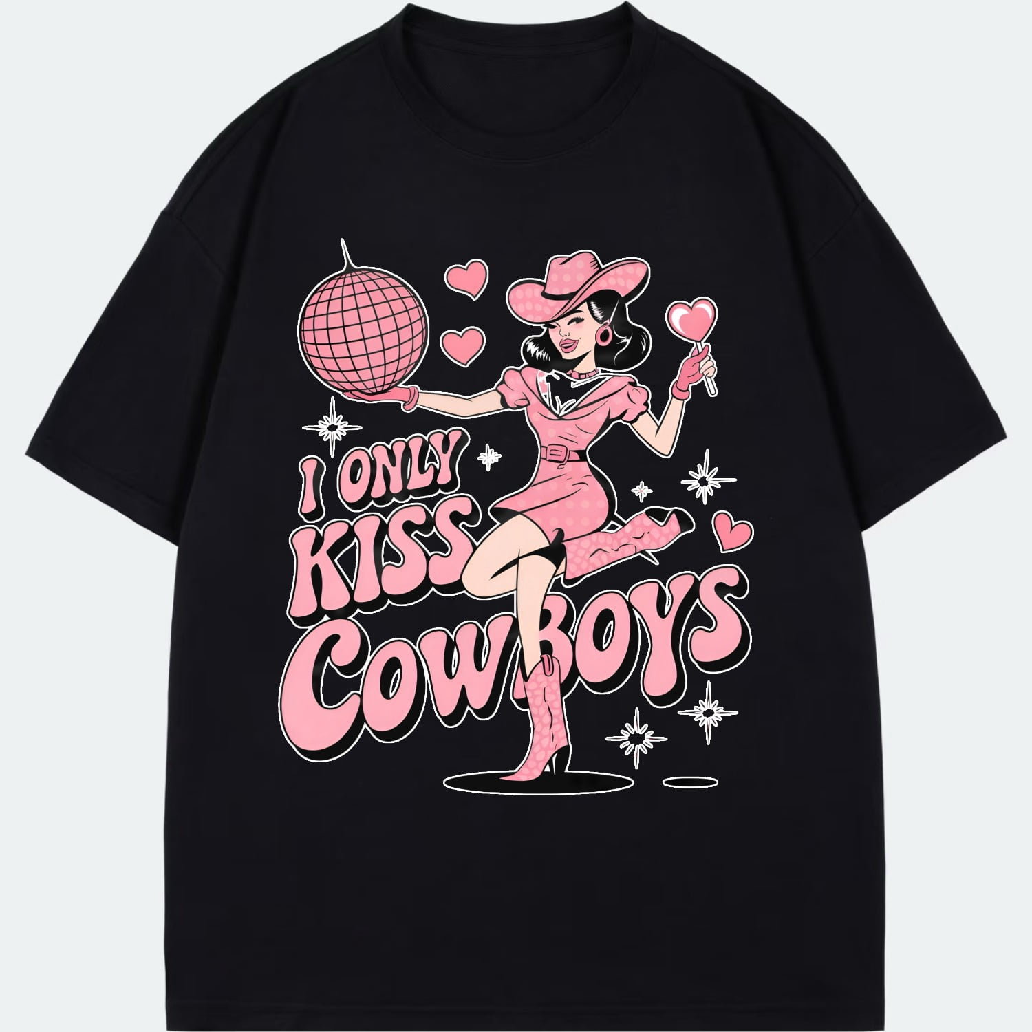 Black T Shirt With Pink Cowboy Girl And Disco Ball Print I Only Kiss ...