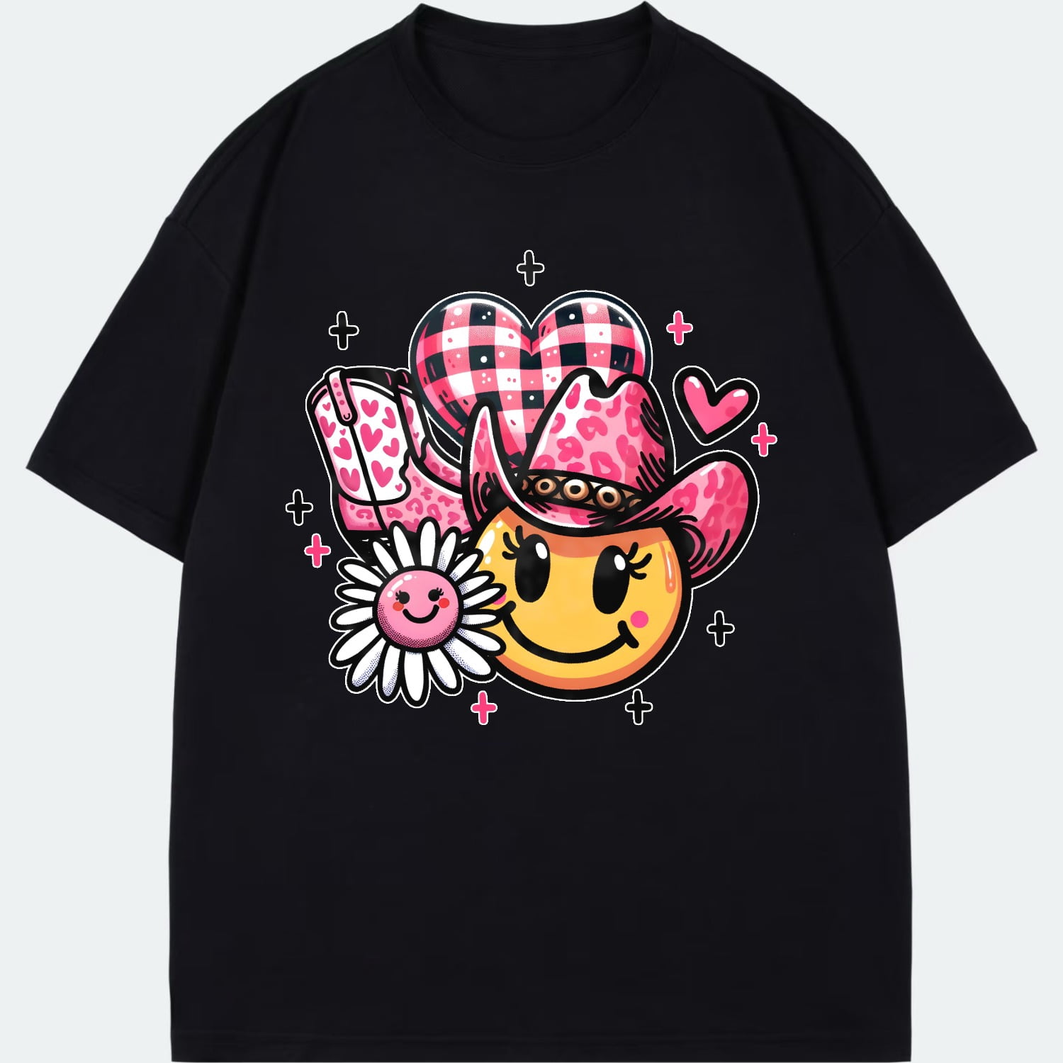 Black T Shirt With Pink Cowgirl Hat Heart And Daisy Emoji Print For ...