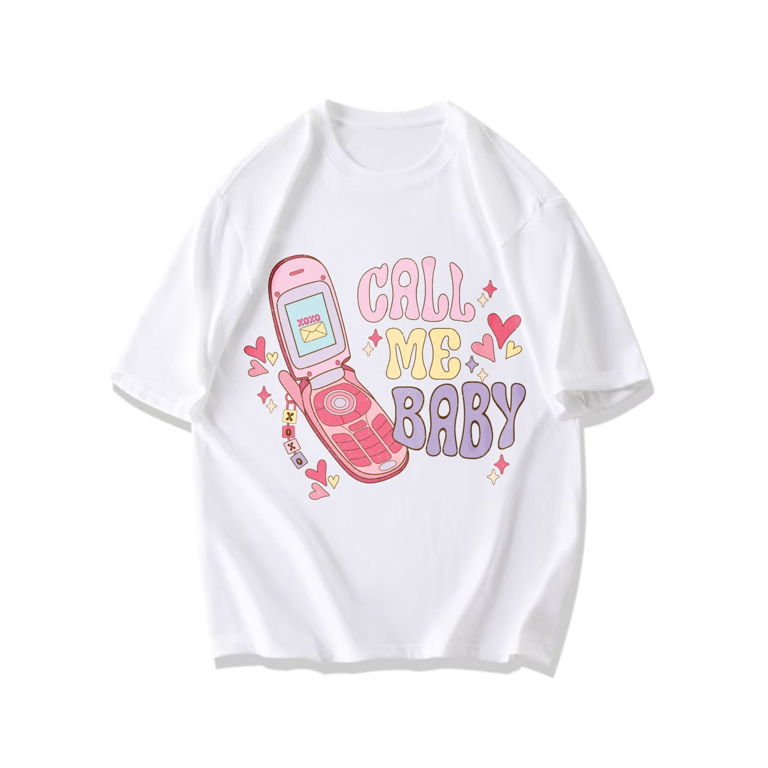 Black T Shirt With Pink Flip Phone And Call Me Baby Print For Casual ...