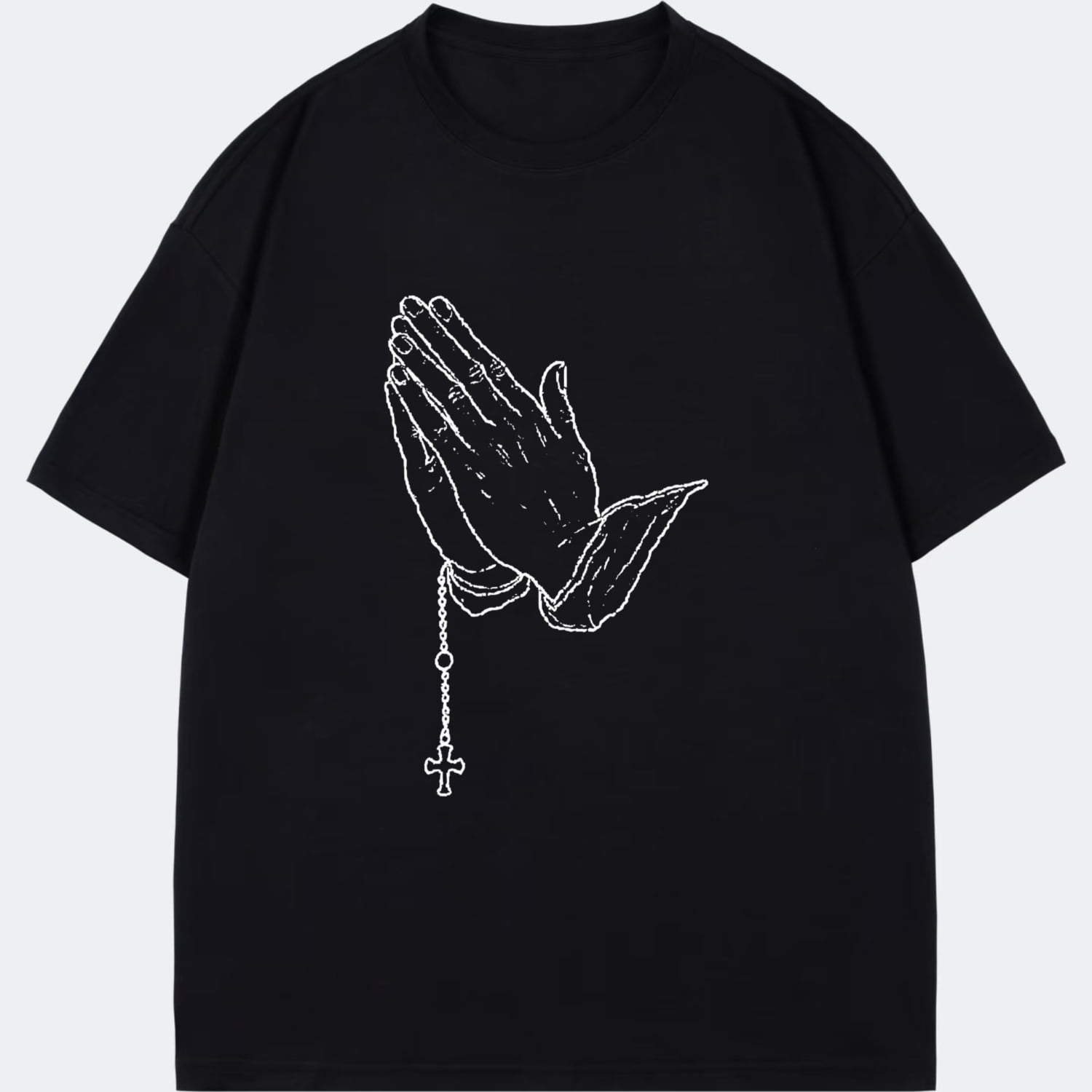 Black T Shirt With Praying Hands And Rosary Cross Design For Religious ...