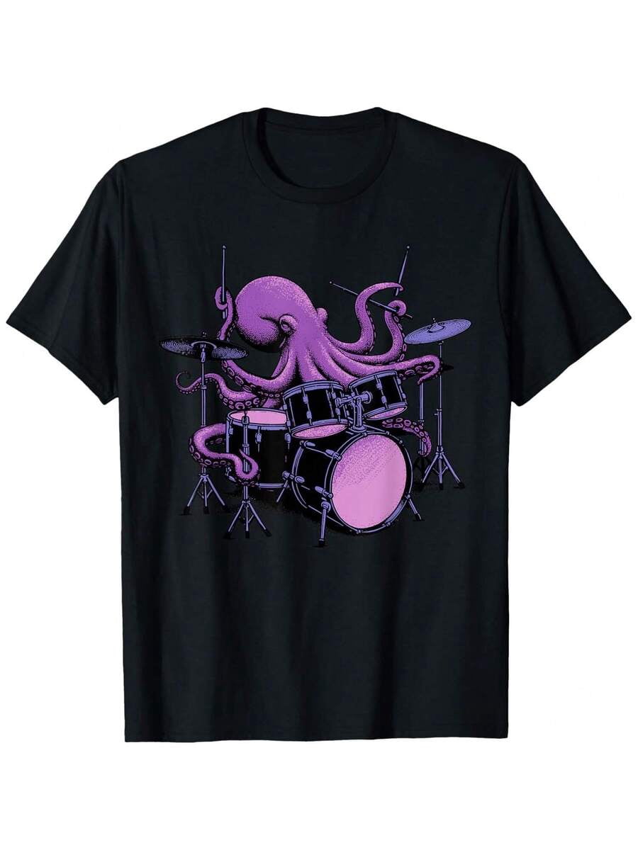 Black T-Shirt With Purple Octopus Playing Drum Set Graphic - Walmart.com