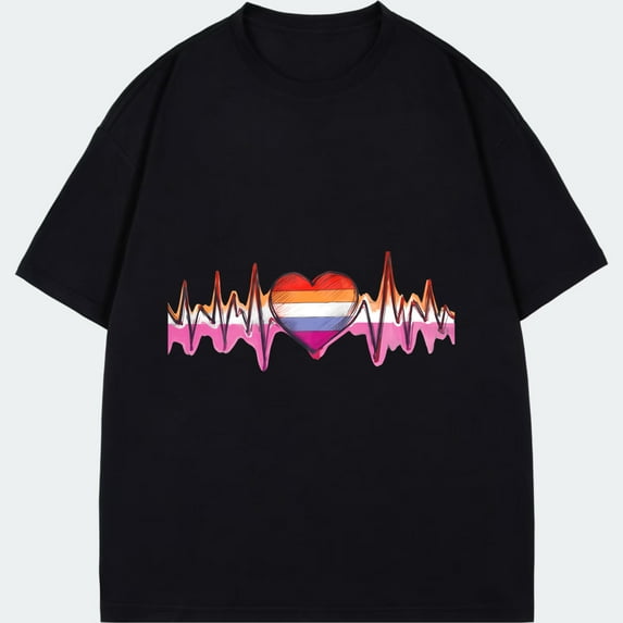 Black T-Shirt With Rainbow Heart And Pulse Wave Print For Casual Wear ...
