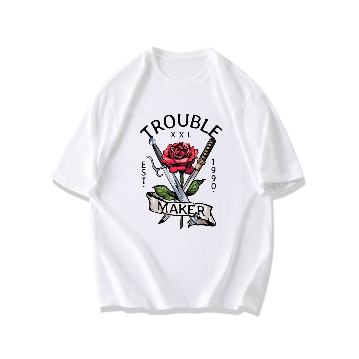 Black T Shirt With Rose And Sword Print Trouble Maker Text For Casual ...