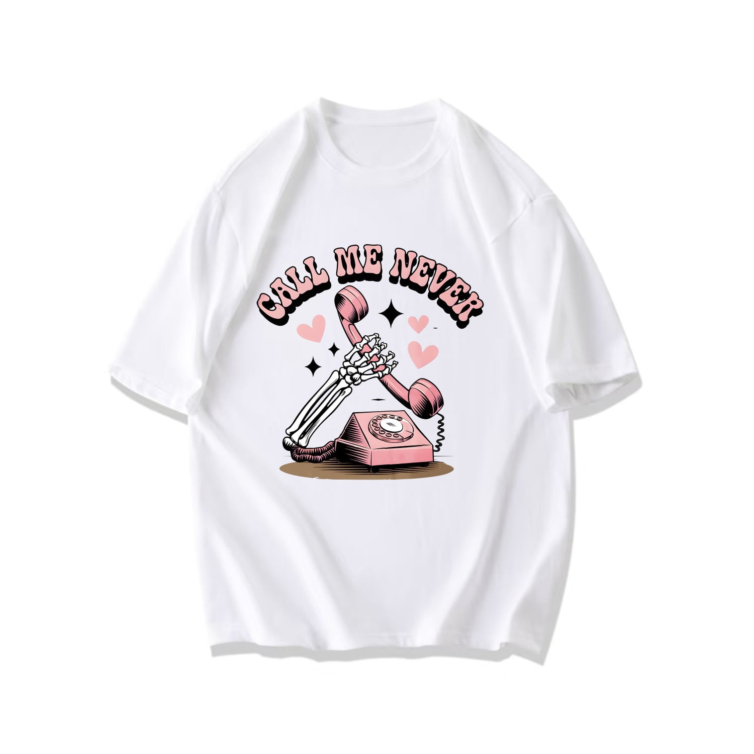 Black T Shirt With Skeleton Hand Holding Pink Phone And Call Me Never ...