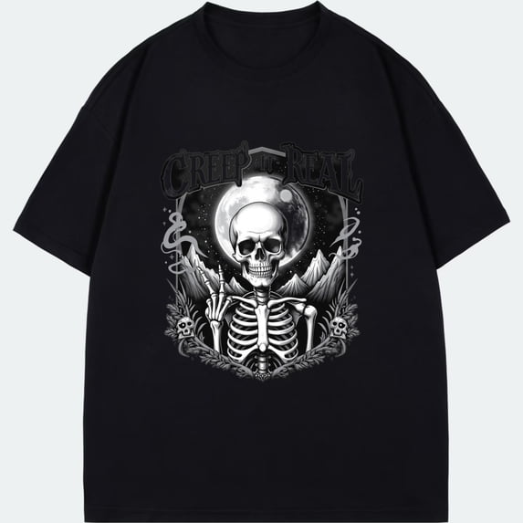 Black T Shirt With Skull And Moon Print Creep Real Text For Halloween ...