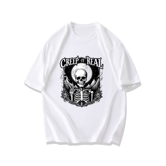 Black T Shirt With Skull And Moon Print Creep Real Text For Halloween ...