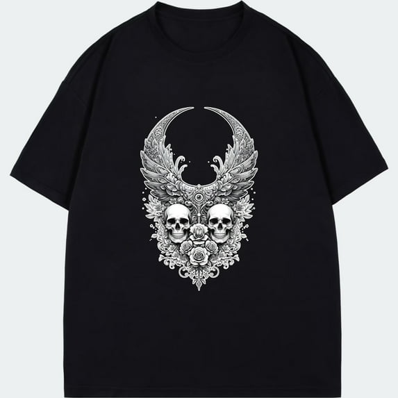Black T Shirt With Skull And Wings Print For Casual Wear - Walmart.com