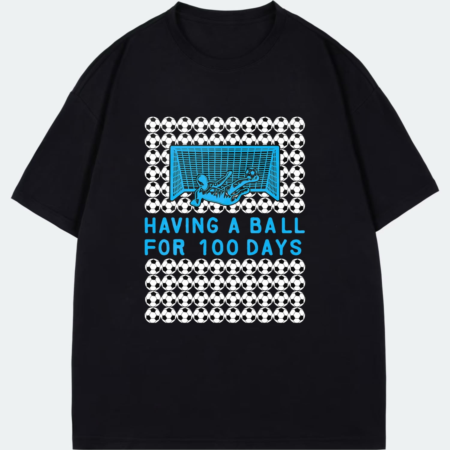 Black T Shirt With Soccer Ball Pattern And Goalkeeper Graphic Having A ...