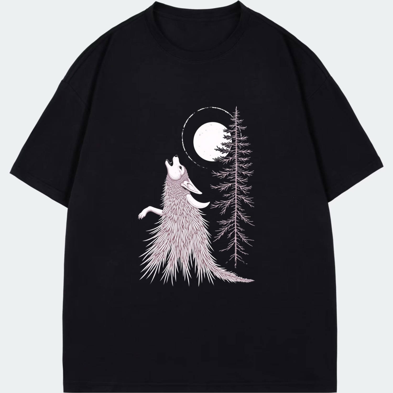 Black T Shirt Wolf Howling At Moon With Pine Tree Graphic For Casual ...