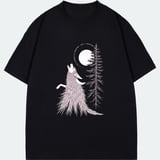 Black T Shirt Wolf Howling At Moon With Pine Tree Graphic For Casual ...