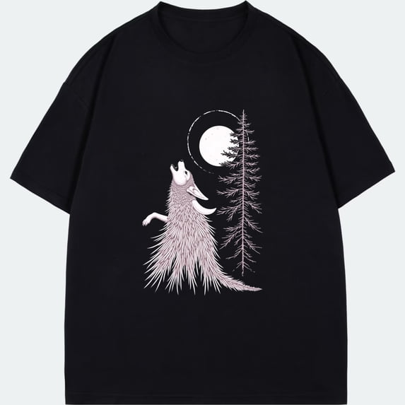 Black T Shirt Wolf Howling At Moon With Pine Tree Graphic For Casual ...