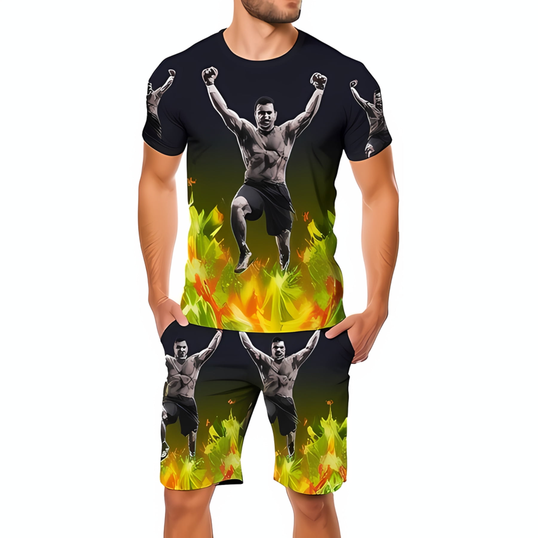 Black T-Shirt and Shorts Set with Muscular Graphic Design - Bold ...