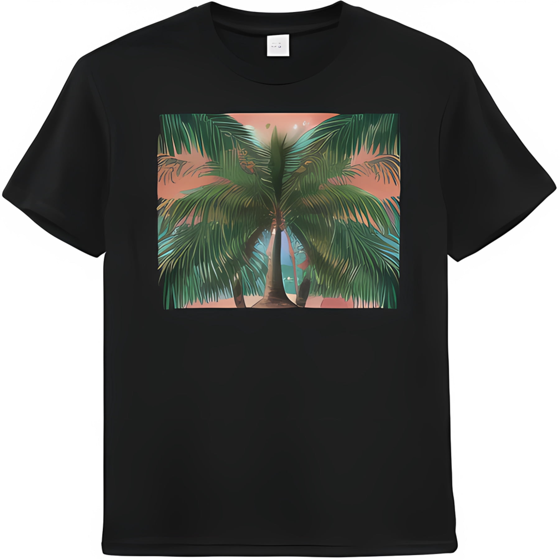 Black T-Shirt featuring a Styleish palm tree Design against a pink and ...