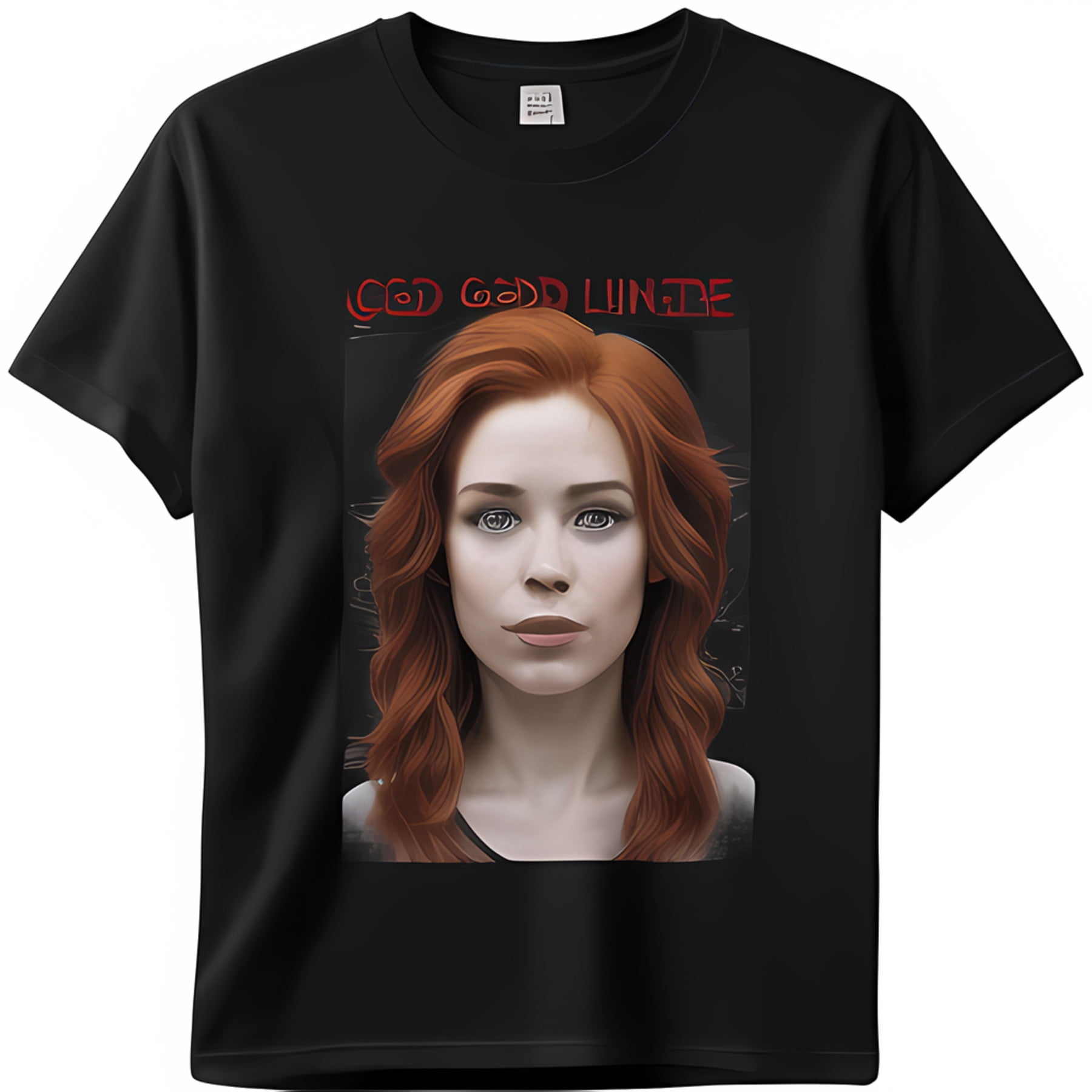 Black T-Shirt featuring stunning red haired woman with Text 'GOD good ...