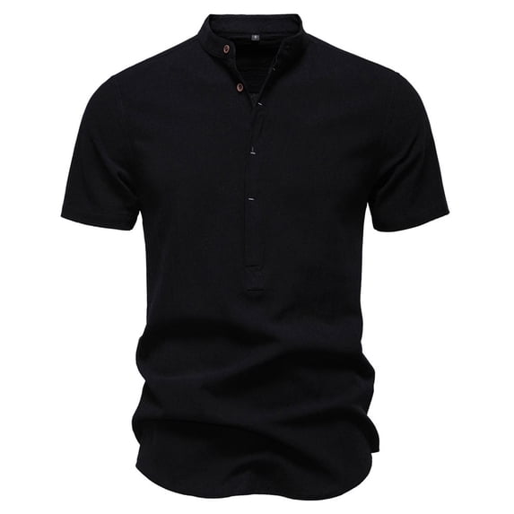 Black T Shirt for Man Fall Summer Short Sleeve Collared Neck Faux Gauze ...