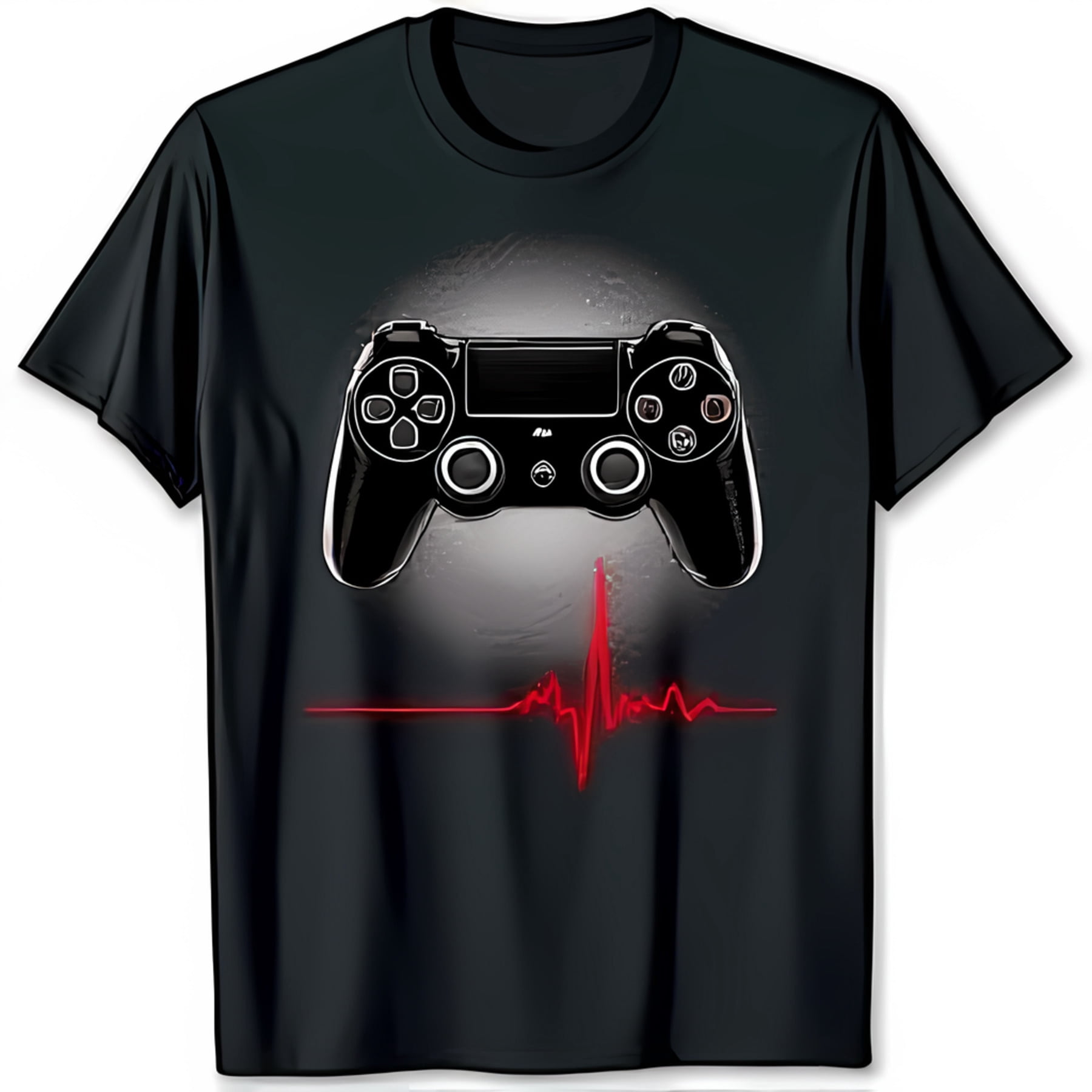 Black T-Shirt with 4 Controller Graphic & Red Heartbeat Line for Gamers ...