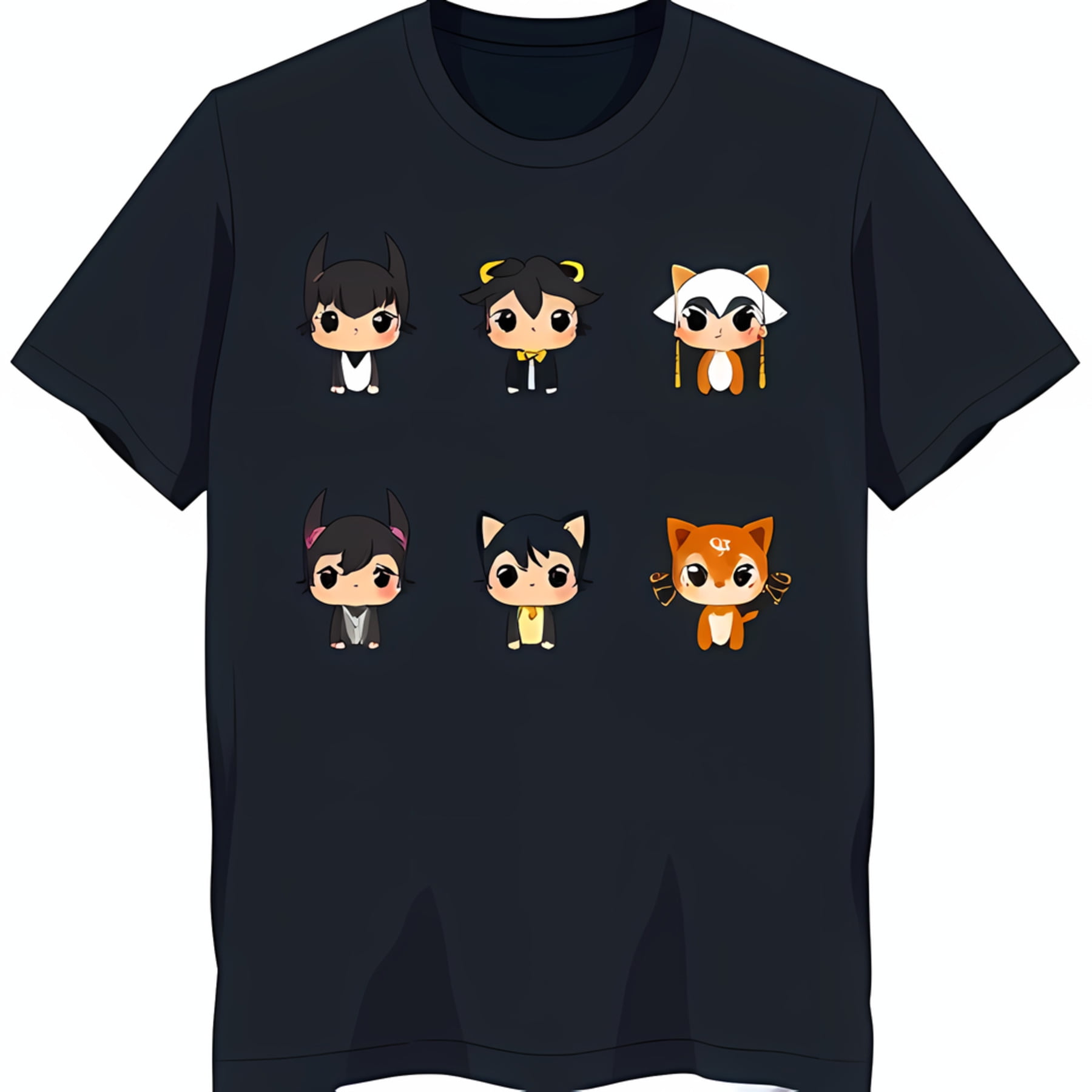 Black T-Shirt with 7 Adorable Animal Characters in Unique Outfits Fun ...
