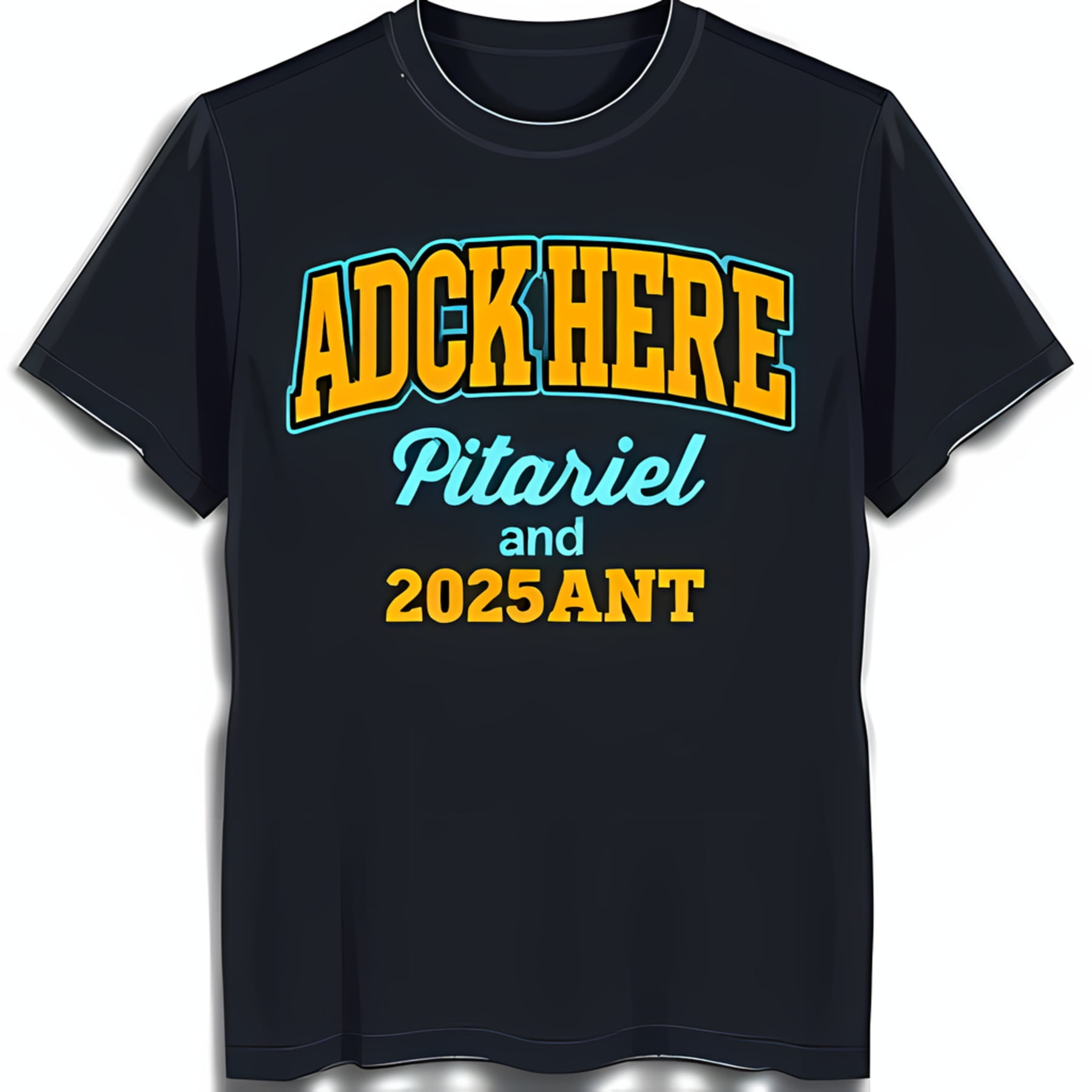 Black T-Shirt with 'ADCK HERE' in Yellow & 'Pitariel' in Light Blue ...
