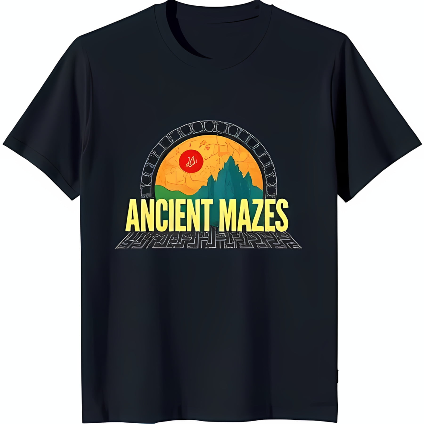 Black T-Shirt with 'ANCIENT MAZES' Graphic Mountain Range & Red Sun ...