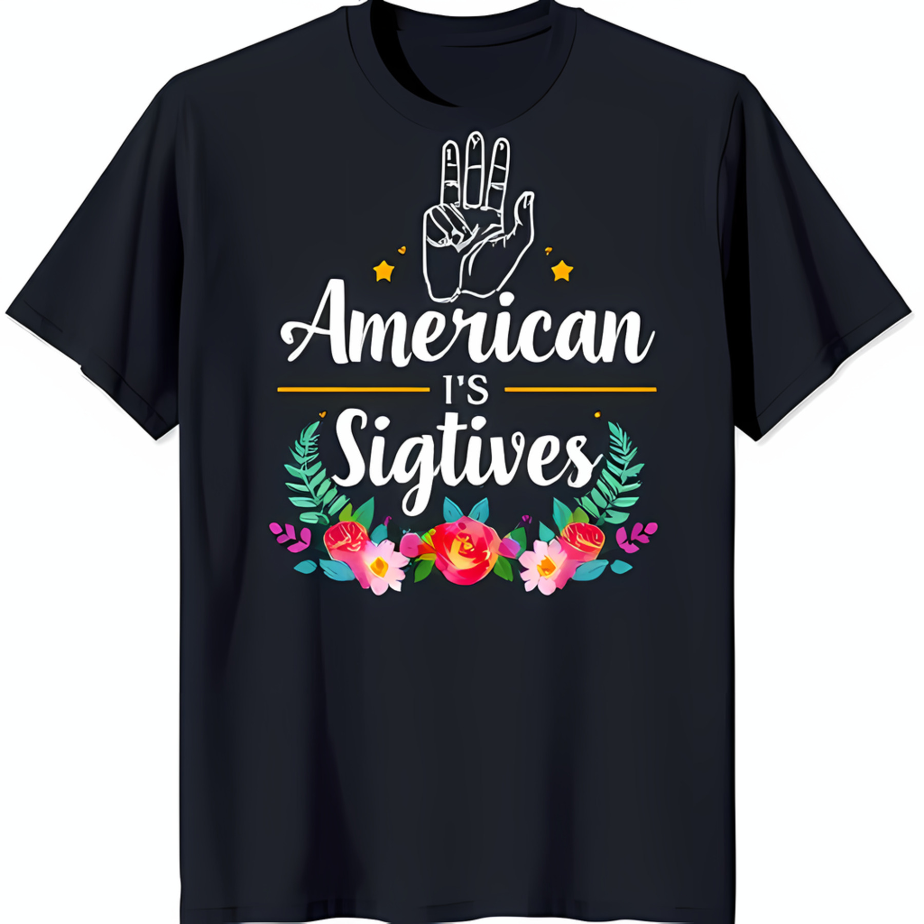 Black T-Shirt with ASL 'Four' Hand Sign Graphic - Walmart.com