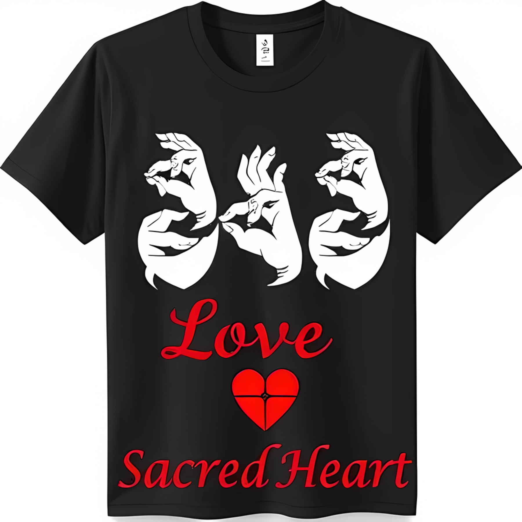 Black T-Shirt with ASL 'Love' Hands Graphic Cursive Red Font & Heart ...
