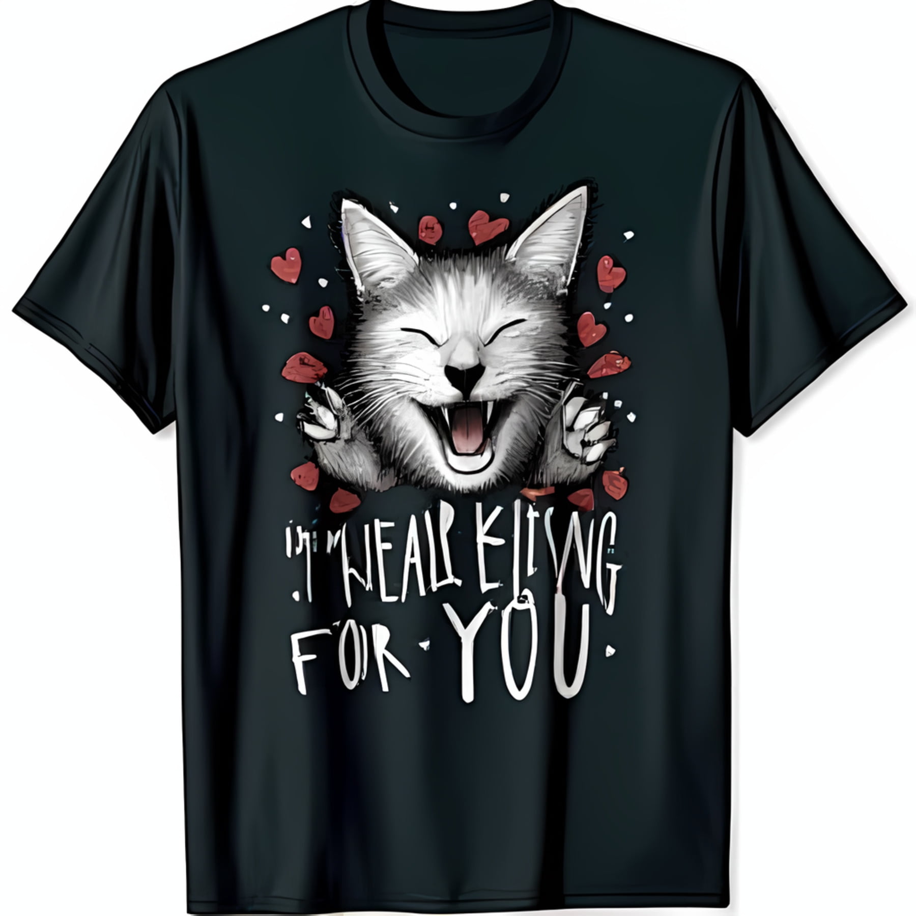 Black T-Shirt with Adorable Cat Graphic Heart Design & 'I'M REALLY ...