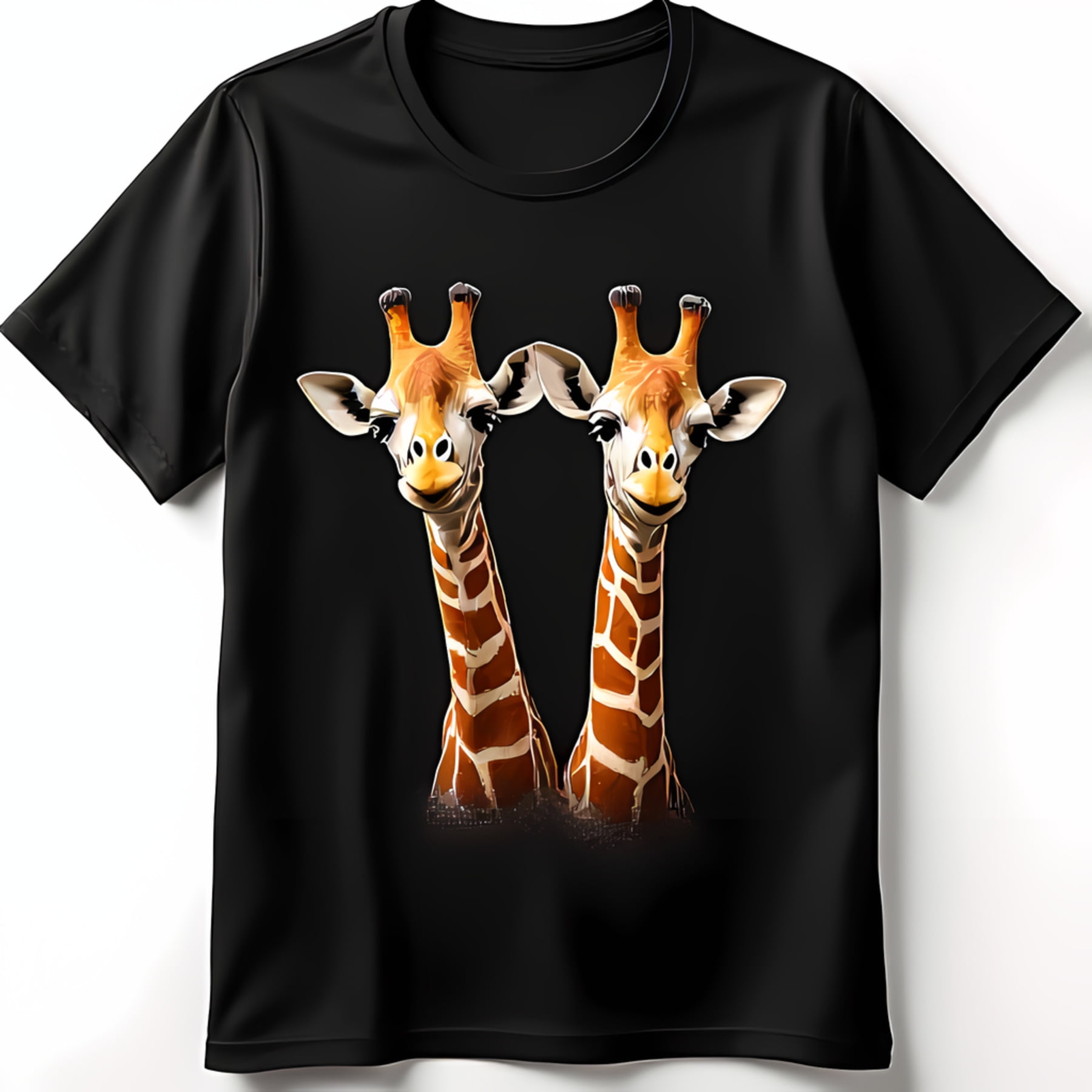 Black T-Shirt with Adorable Graphic of Two Giraffes with Spotted Necks ...