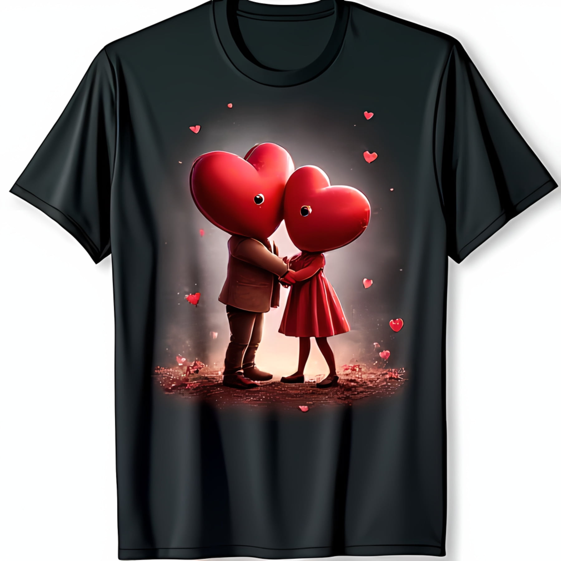 Black T-Shirt with Adorable Red Heart Characters Holding Hands & Love ...