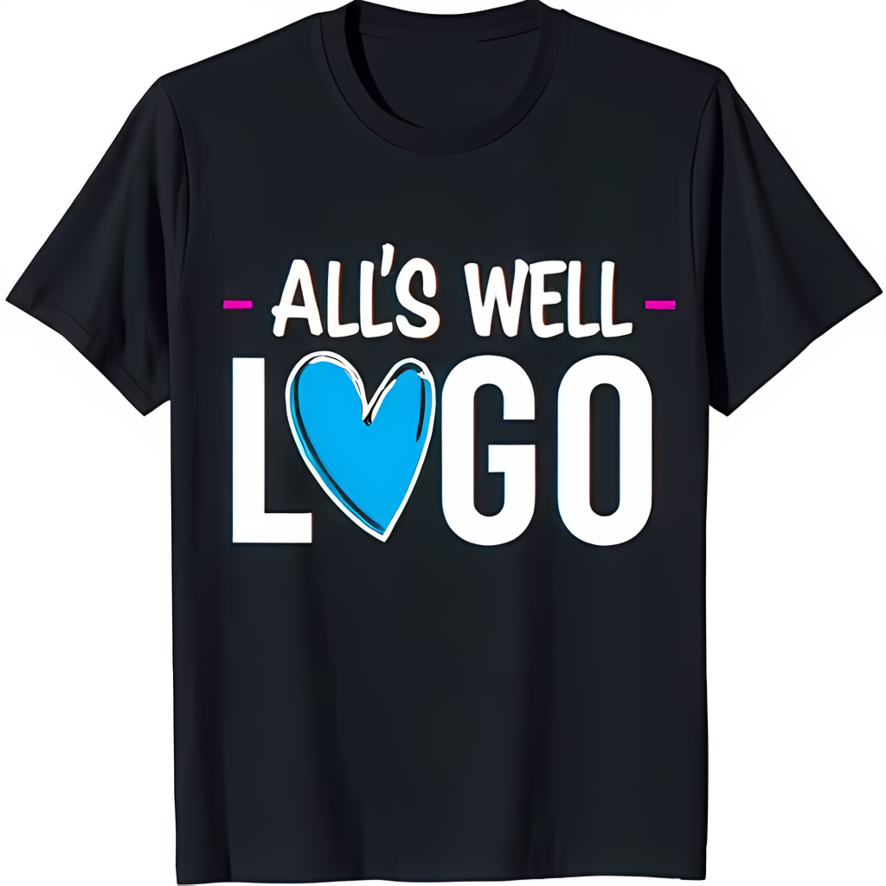 Black T-Shirt with 'All's Well' White Text Blue Heart Design Pink ...