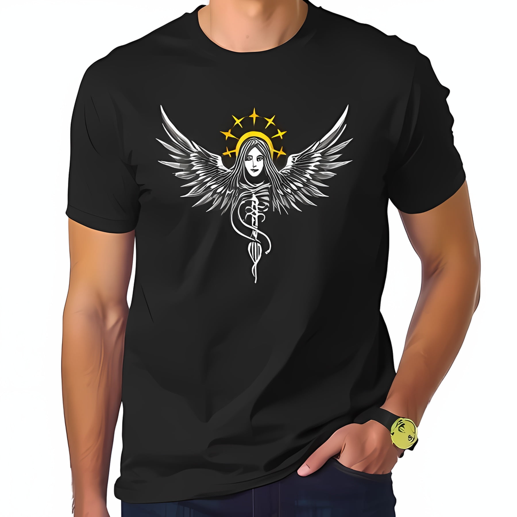 Black T-Shirt with Angelic Graphic Design and Rod of Asclepius - Modern ...