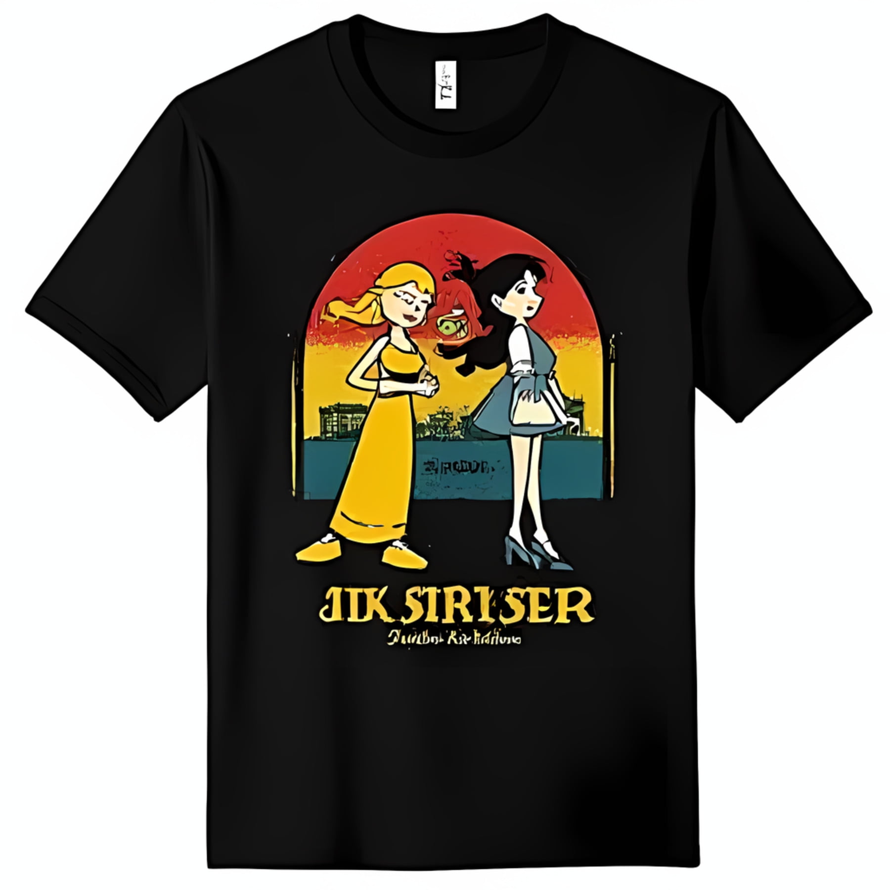 Black T-Shirt with Animated Women in Yellow and Blue Dresses Juk Ser ...