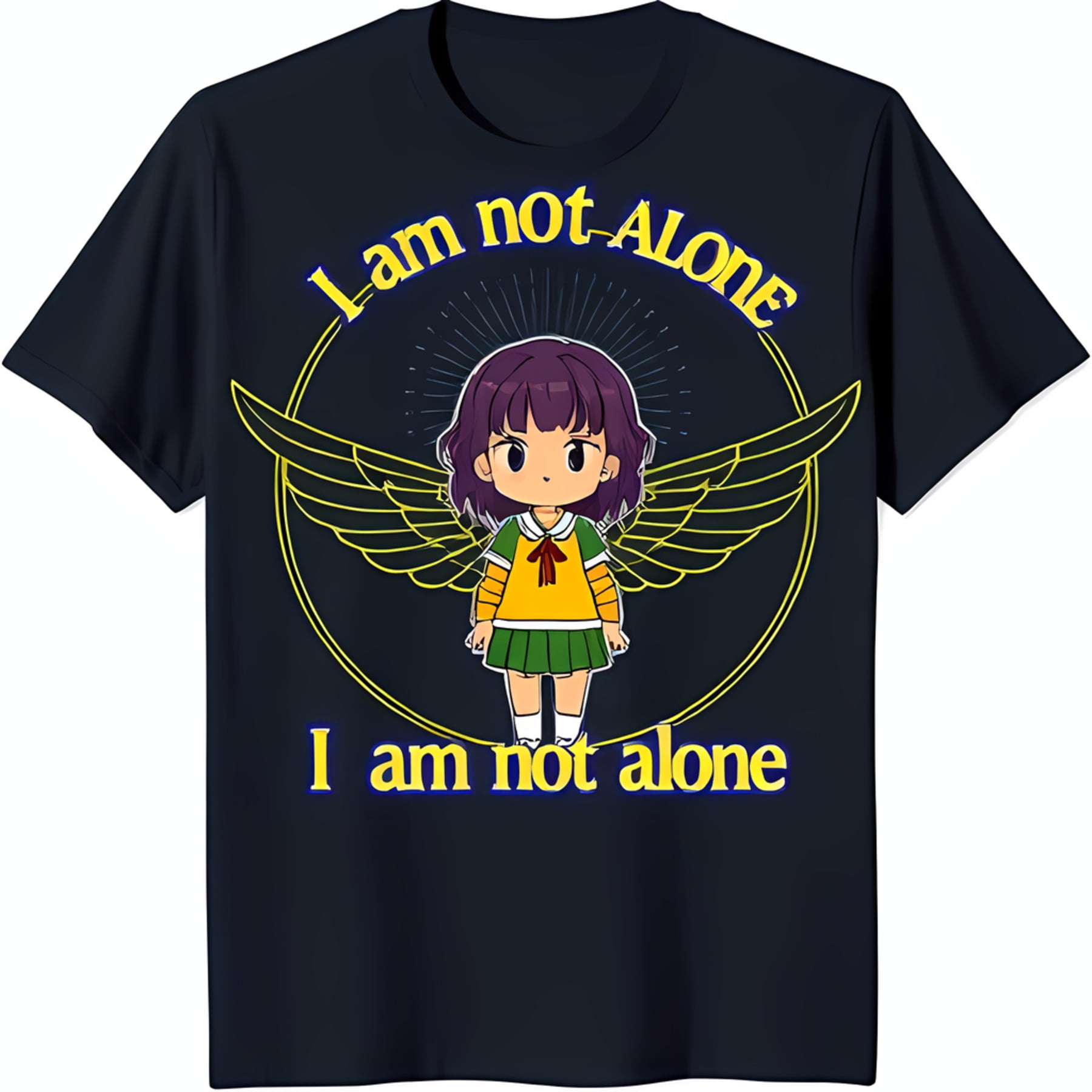 Black T-Shirt with Anime Character Graphic 'I Am Not Alone' Design Hair ...