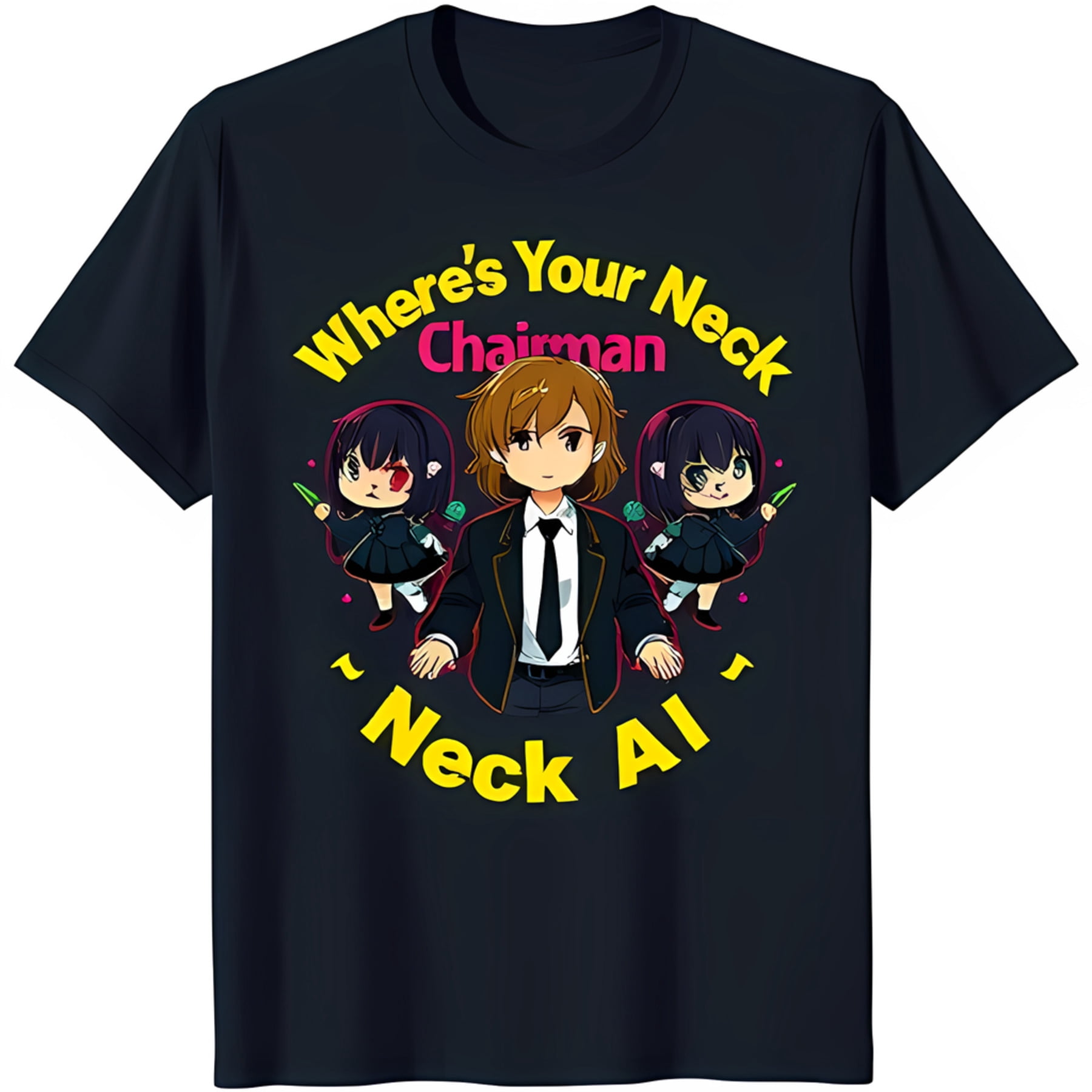 Black T-Shirt with Anime Characters in Design 'Where's Your Neck ...