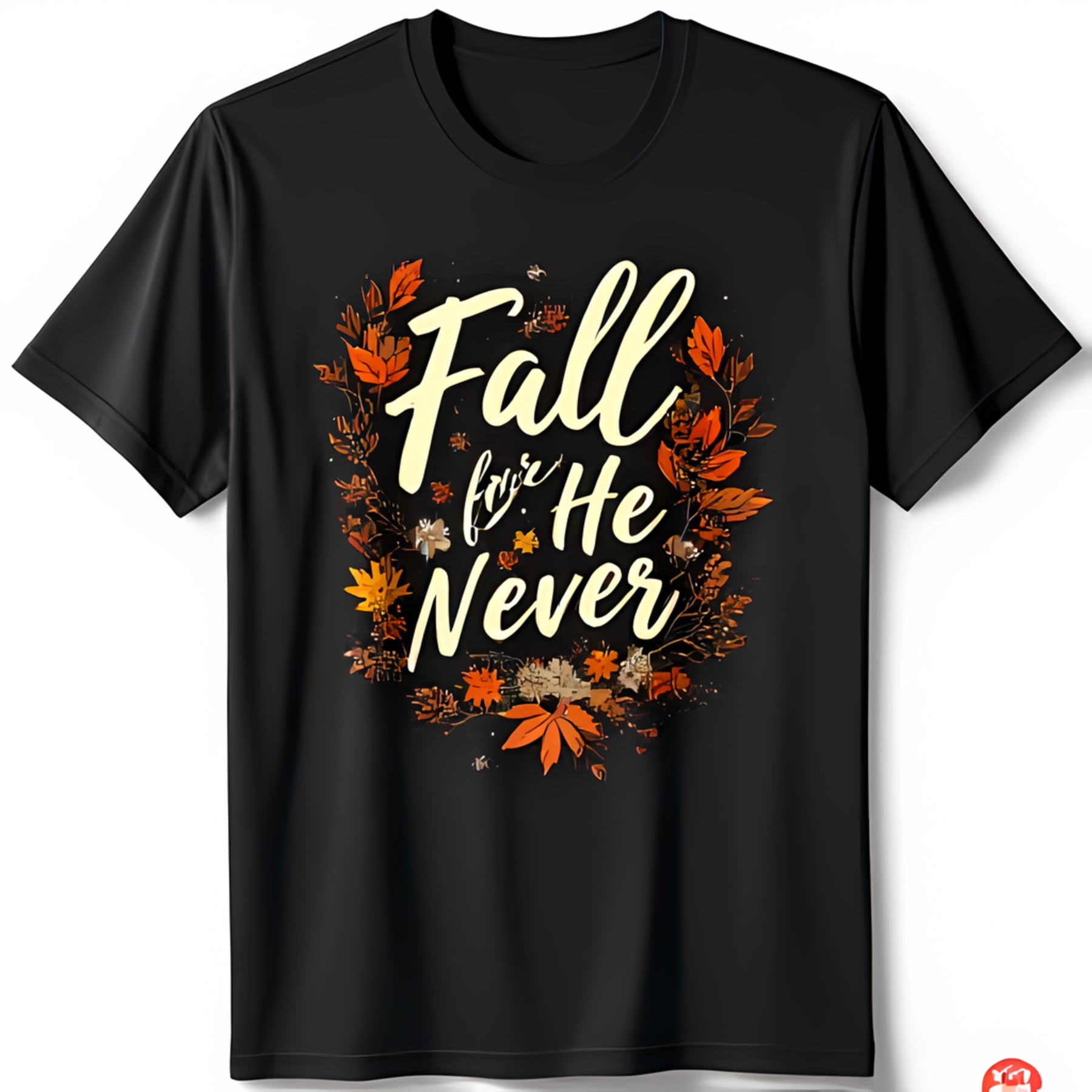 Black T-Shirt with Autumn Leaves Wreath & 'Fall for He Never' Graphic ...