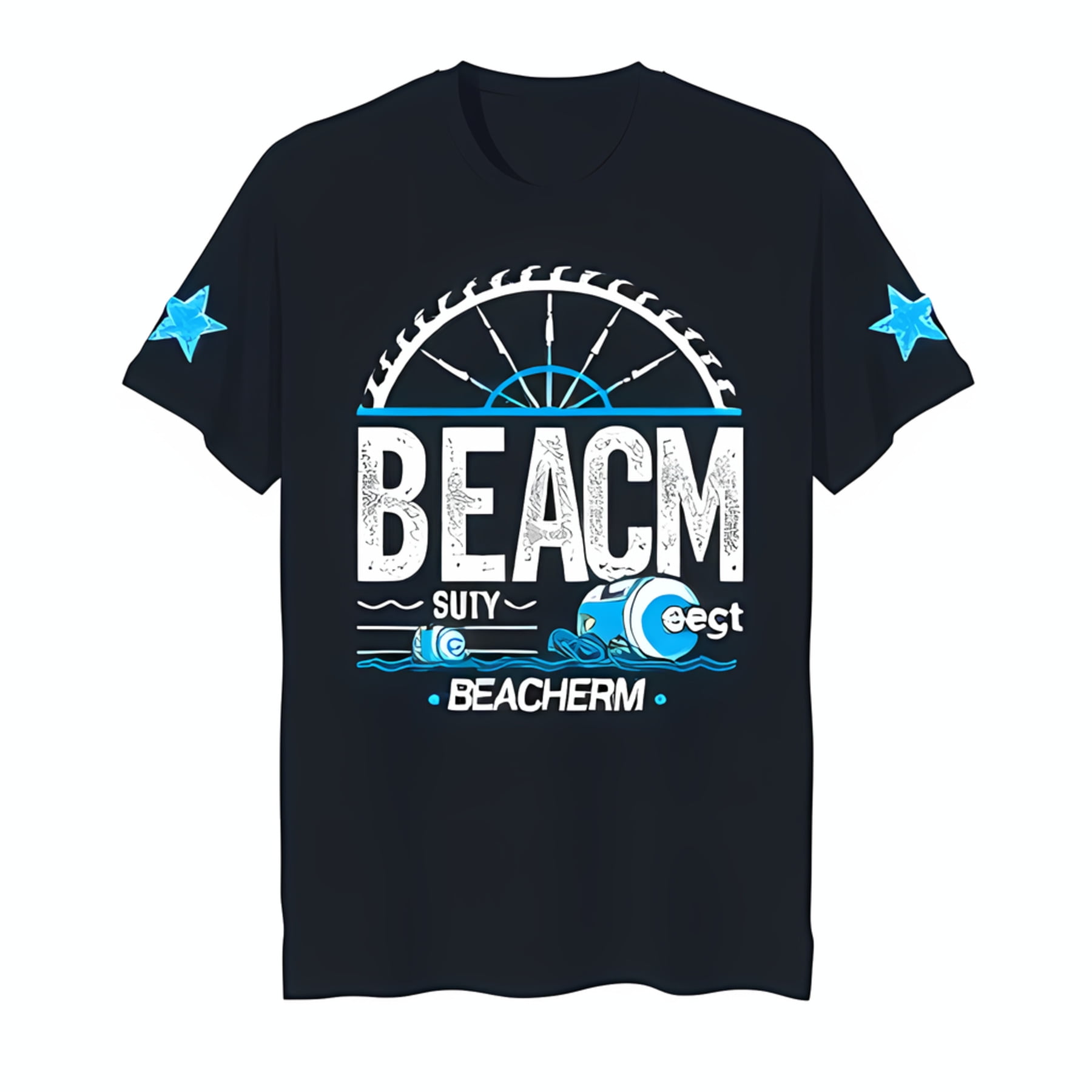 Black T-Shirt with 'BEACM' Graphic Blue Star Accents & Ferris Wheel ...