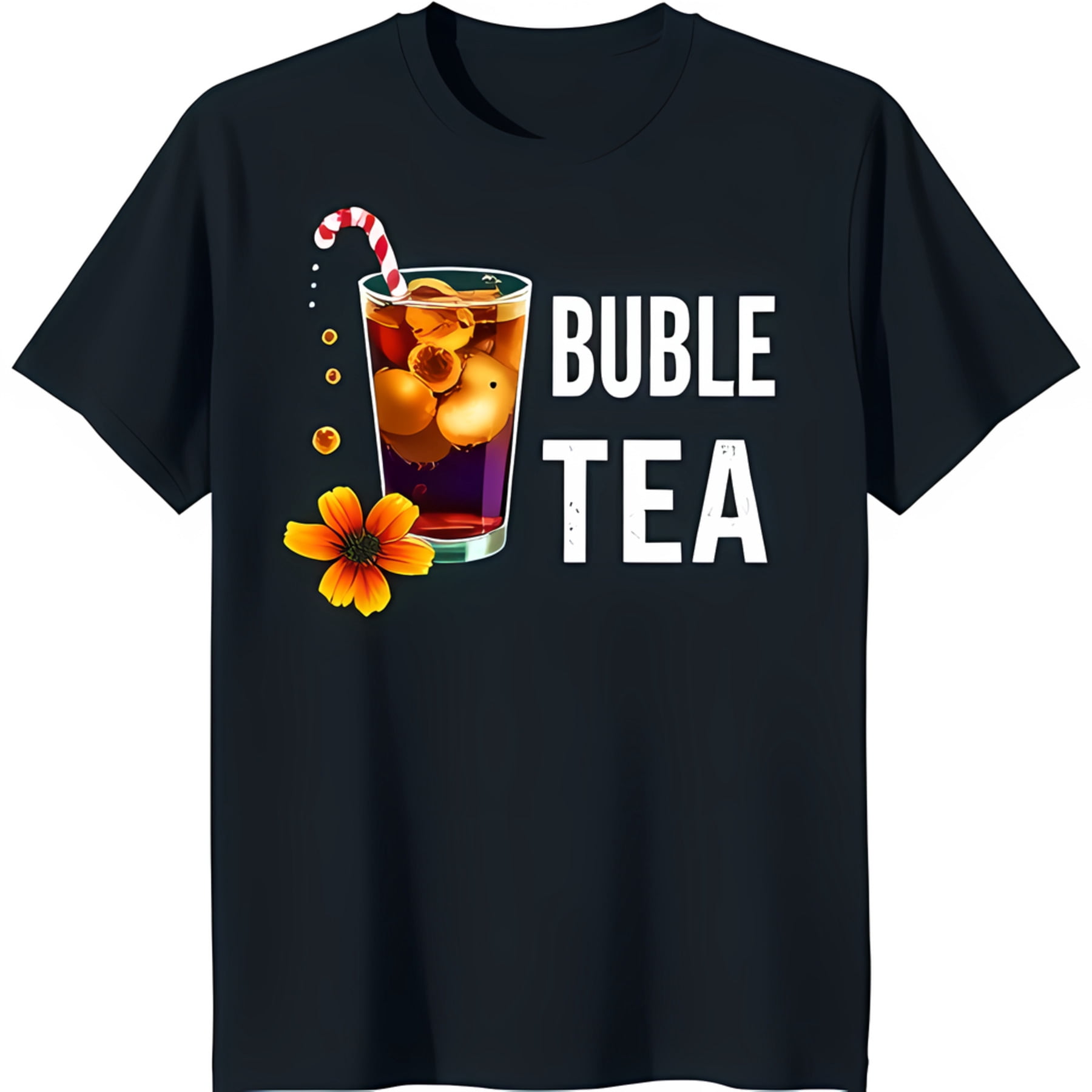 Black T-Shirt with 'BUBBLE TEA' Print Glass of Bubble Tea & Flower ...