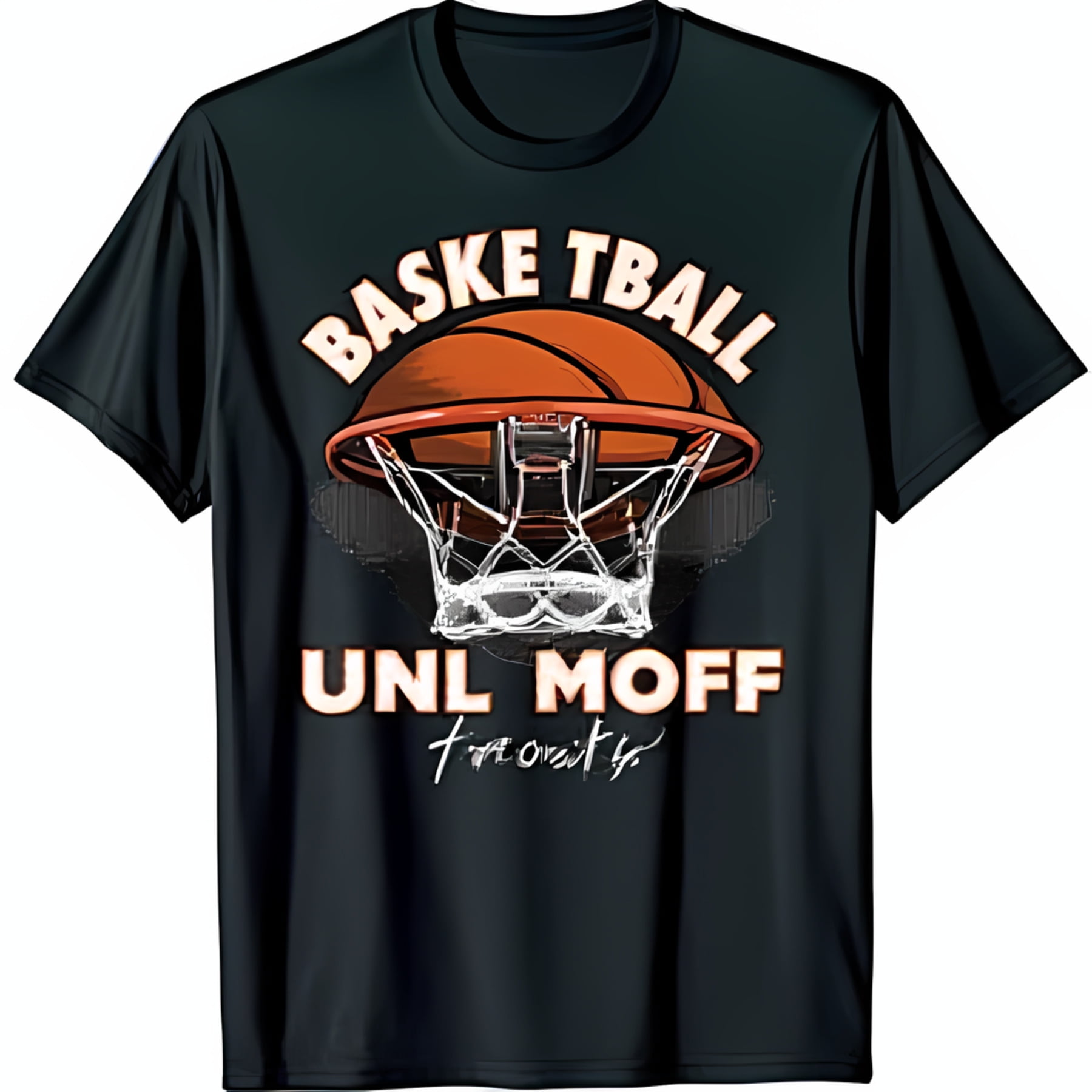 Black T-Shirt with & Ball Design Baske Tball & UNL MOFF Cursive ...