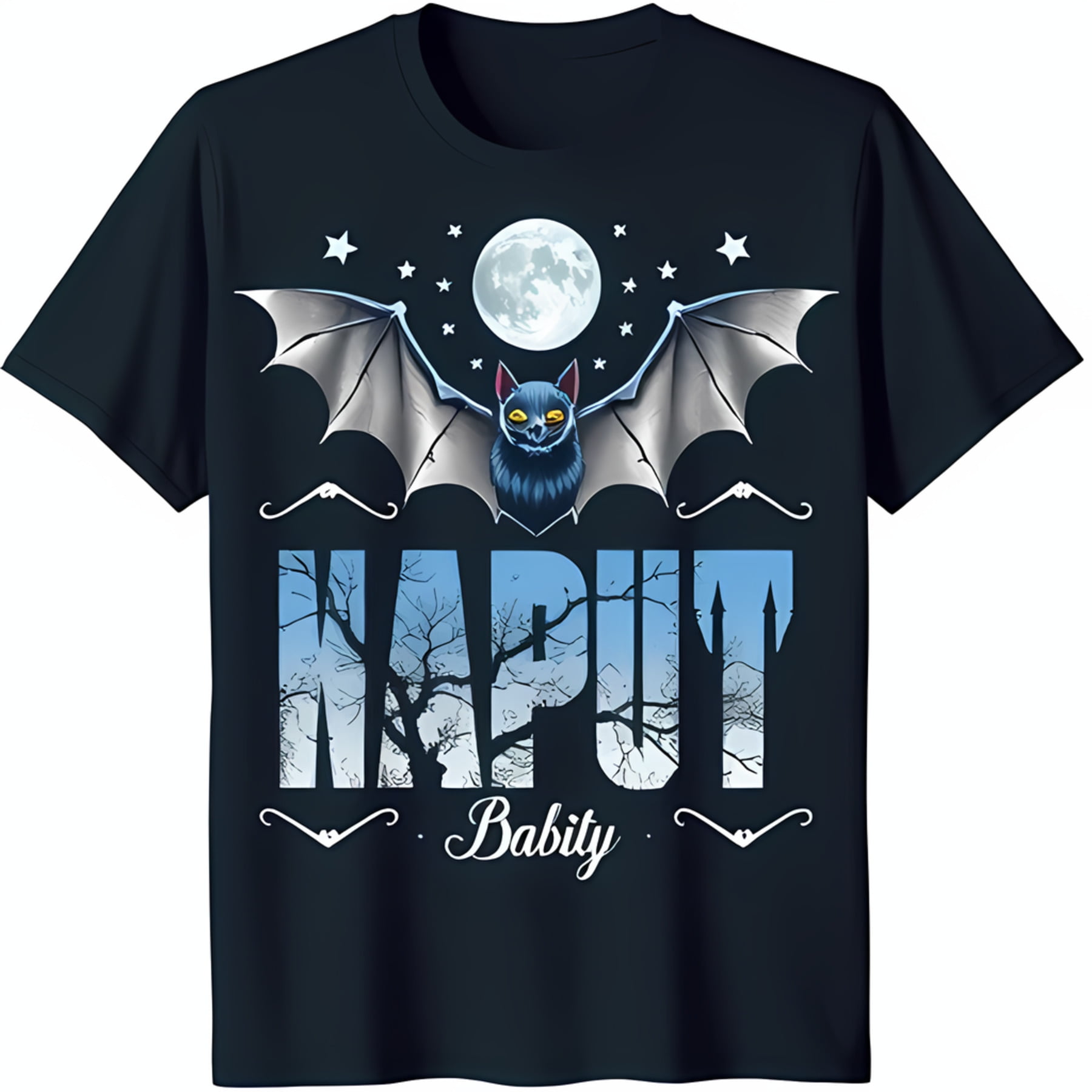 Black T-Shirt with Bat and Full Moon Graphic 'NAPUT Babity' Design ...