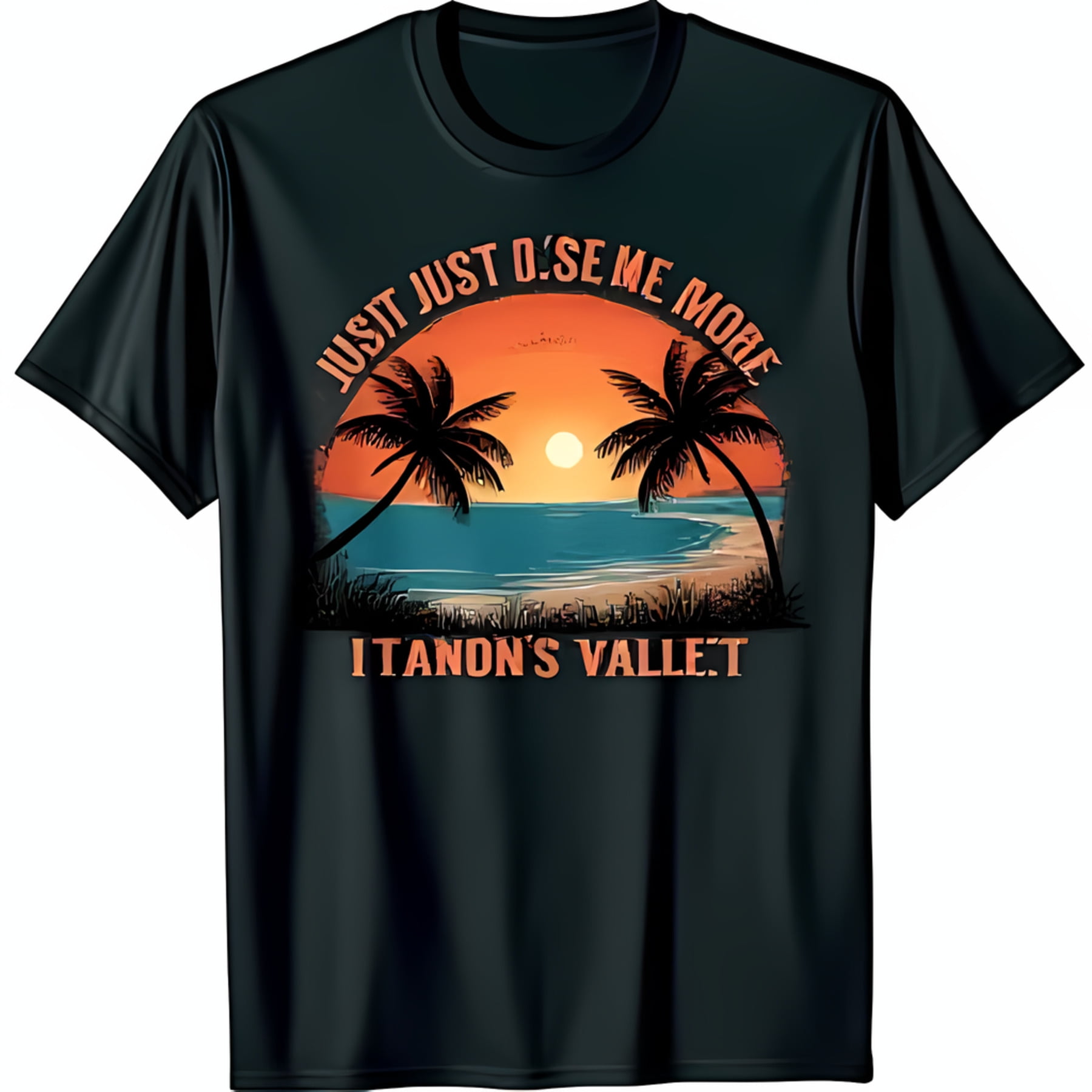 Black T-Shirt with Beach Sunset Graphic & Trees 'Jus'it Jus' D'se Me ...