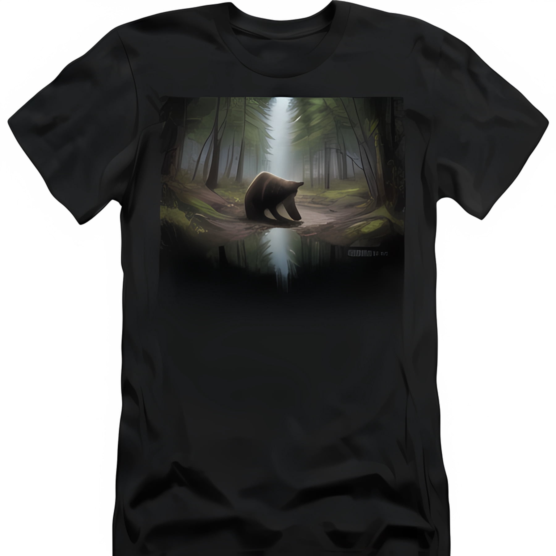 Black T-Shirt with Bear in Misty Forest Illustration Detailed Design ...