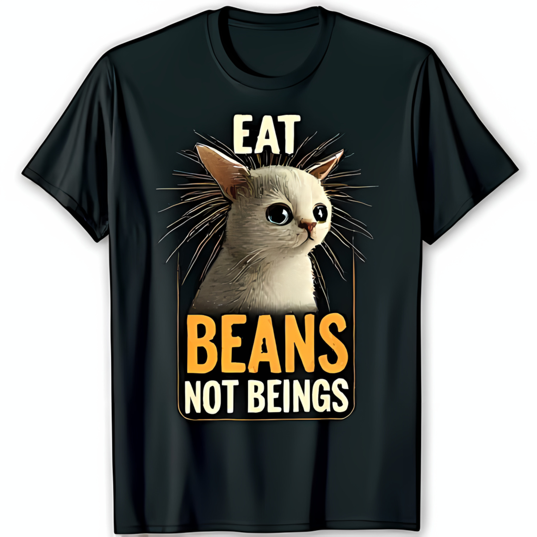 Black T-Shirt with Bewildered Spiky White Cat & Bold - Walmart.com