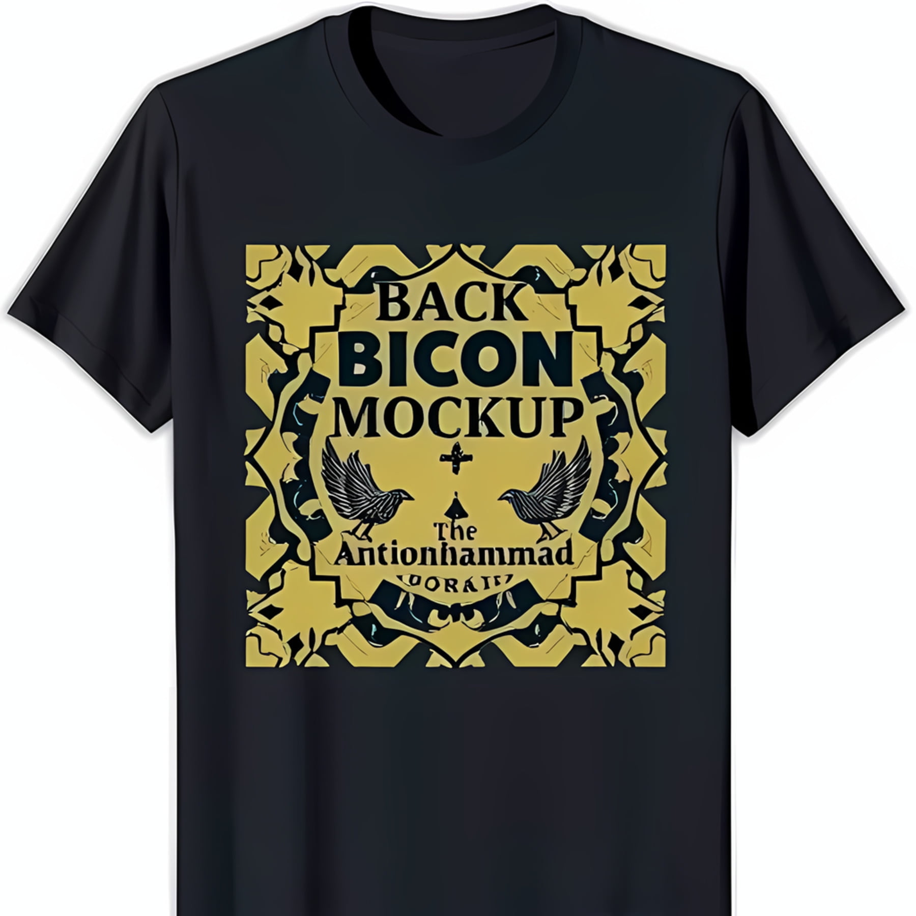 Black T-Shirt with Black Birds & Design 'BACK BICON MOCKUP' & 'The ...