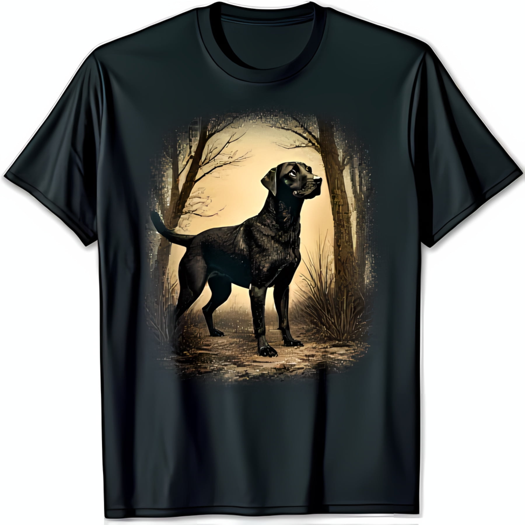 Black T-Shirt with Black Labrador Graphic in Tranquil Forest Setting ...