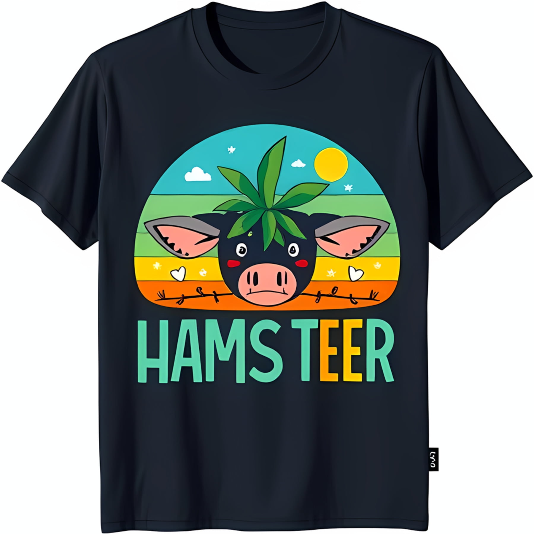 Black T-Shirt with Black & White Pig Rainbow Background & Sun 'HAMS ...