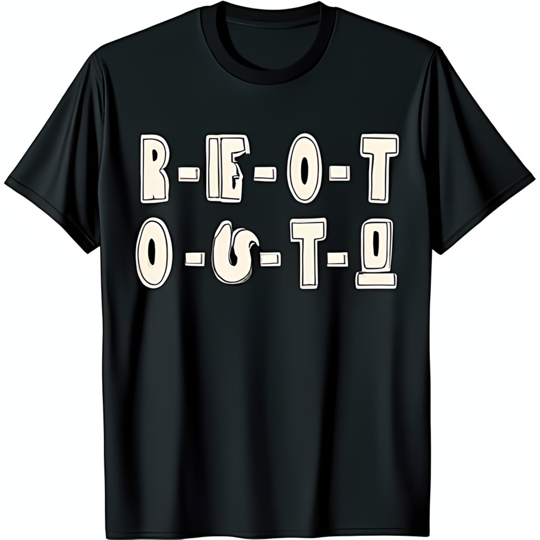 Black T-Shirt with Blocky White Design R IE O T O U T O Graphic Tee ...