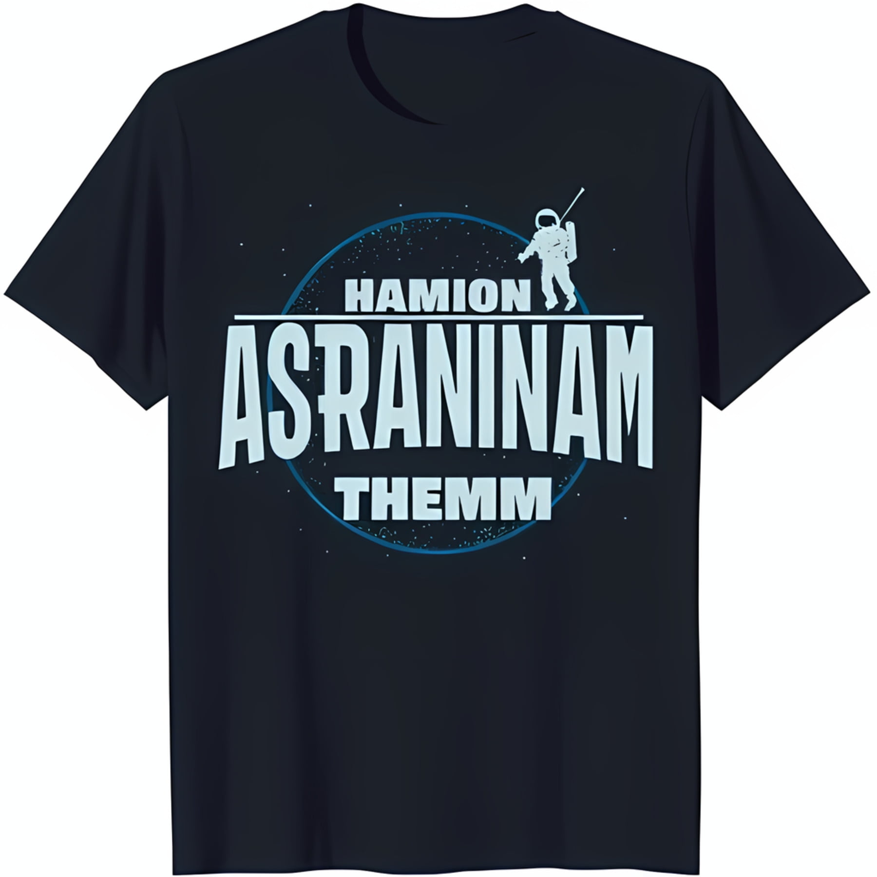 Black T-Shirt with Blue Circle & White 'HAMION ASRANINAM THEMM' Graphic ...